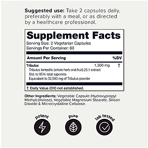 Toniiq Ultra High Strength Tribulus Capsules - 95% Steroidal Saponins - 1300mg Concentrated Extract Formula for Testosterone - 120 Caps