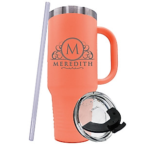 Custom Monogrammed 40 oz Tumbler with Handle, Lid and Straw - Personalized Insulated Stainless Steel Large Cup (Coral)