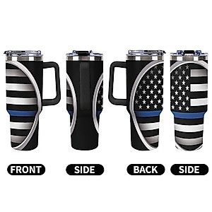 40 oz Tumbler, Large Capacity with Handle and Straw Travel Insulated Tumblers, Thin Blue Line American Flag Ring Black Stainless Steel Cup for Women, Men