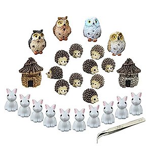 Fashionclubs Miniature Garden Ornaments, 24pcs Miniature Ornaments Kit Set Fairy Garden Figurines Accessories for DIY Dollhouse Plant Pot Decoration,with 1pcs Tweezer
