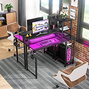 armocity 2024 Upgrade Gaming Desk with LED Lights, Small Computer Desk with Long Monitor Stand, 40'' Reversible Laptop Table with Storage Shelves, Small Desk for Small Spaces, Gaming Room, Black