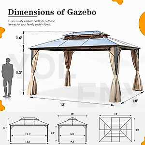 YOLENY 10'x13' Hardtop Gazebo, Outdoor Polycarbonate Double Roof Canopy, Aluminum Frame Permanent Pavilion with Curtains and Netting, Sunshade for Garden, Patio, Lawns