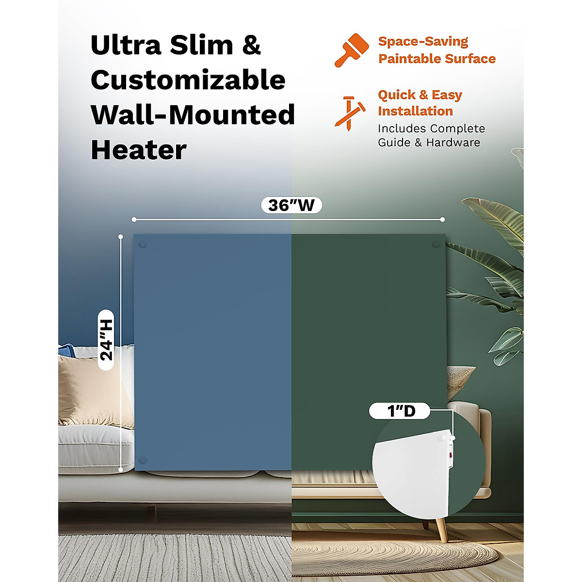 Large Room Indoor Heater - 600W Amaze Maxi Convection Panel Heater w/Wall Mount Kit, Up to 300 sq ft Room - 36”x24” Paintable, Energy Efficient, & Silent Bathroom, RV or Garage Heater - Amaze Heaters