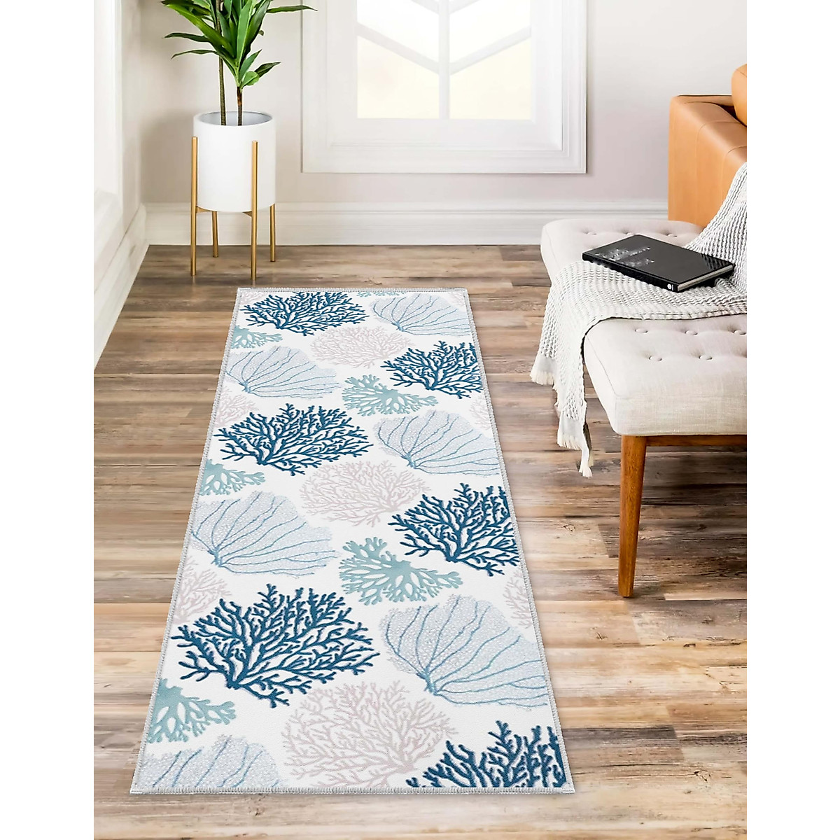 Coastal Runner Rug Beach Hallway Rugs Non-Slip Nautical Coral Machine Washable Rugs Modern Floor Carpet for Kitchen Bathroom Laundry Bedroom Living Room, 2x6