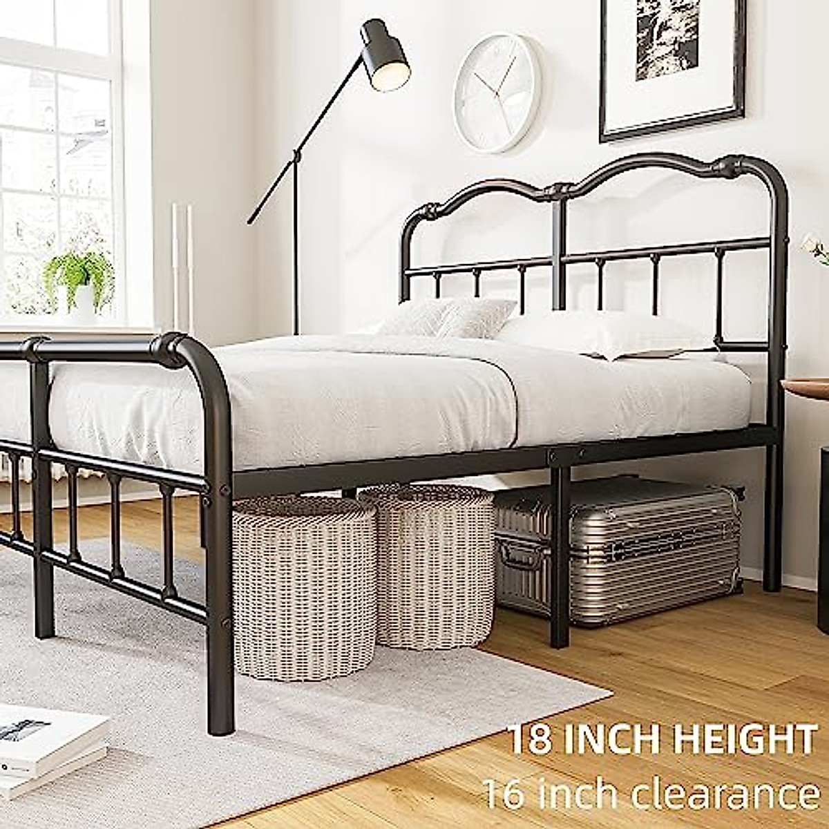 RLDVAY Queen Bed Frame with Headboard and Footboard, 18 Inch High, Heavy Duty Bed Frame Queen Size with Headboard, No Box Spring Needed, Under Bed Storage, Easy Assembly, Noise-Free, Black