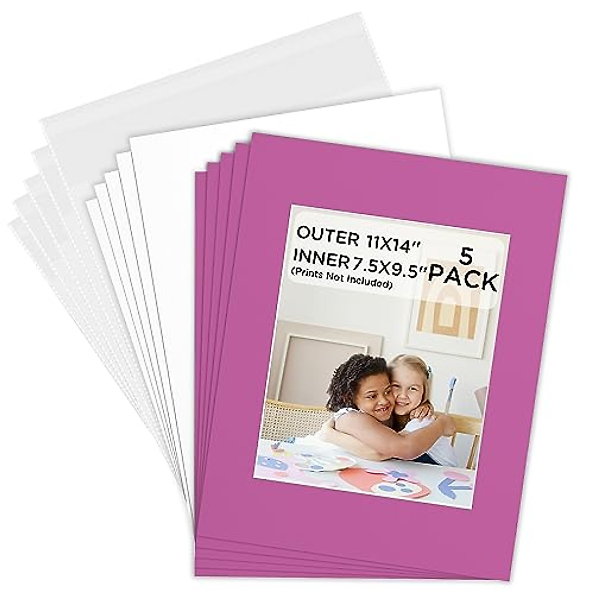 eletecpro 5 Pack Acid-Free Picture Mats Set, 11x14 Inch Core Bevel Cut Mats, Backing Boards, Clear Bags for Framing 8x10 Inch Photos, Artwork, Prints, Display and Preserve Cherished Pictures