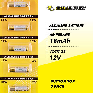 Exell EB-27A Alkaline Battery for Key Fobs, Burglar Alarm Remotes, Garage Door Openers, and More (12 Volts, 18 Milliamp Hours) (5-Pack)