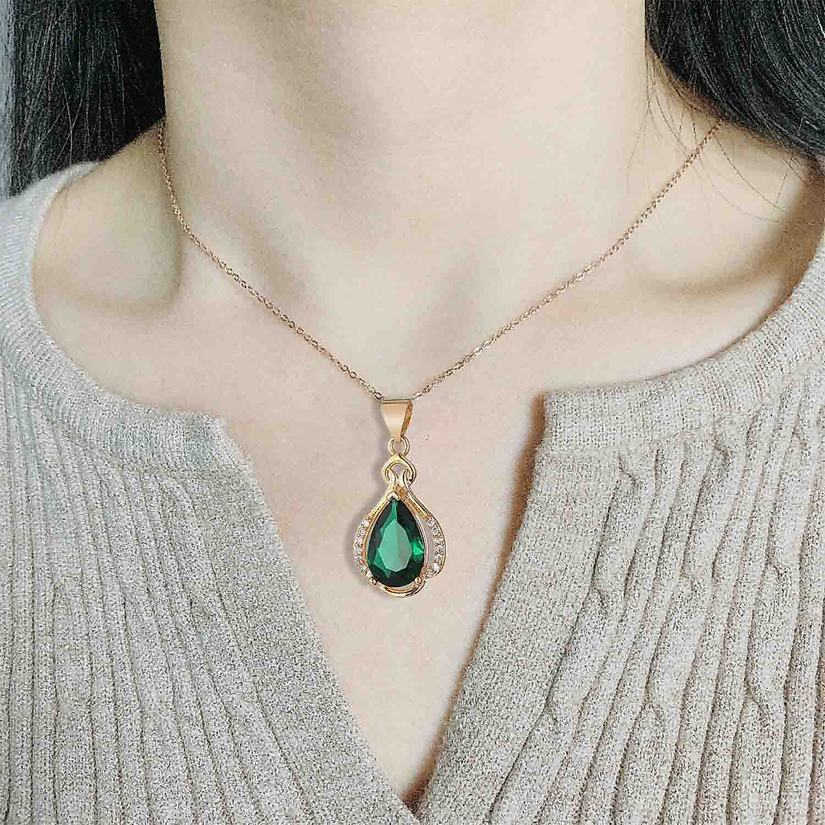 CXUEMH Emerald Necklace Y-shaped Necklace Gold Plated Copper Pear-Shaped Teardrop Necklace Heart Necklace Diamond Pendant Necklace with Rhinestone Inlaid Jewelry for Mom (Green C)