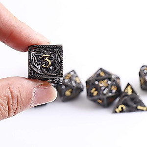 hong hui Pure Copper Hollow Metal Dice Set DND Polyhedral D&D Dragon Dice for Dungeons and Dragons Pathfinder Shadowrun Role Playing Games dice RPG Black Gold