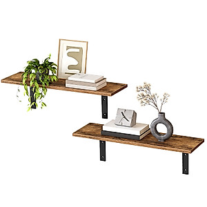 HOOBRO Floating Wall Shelves, 15.4 Inch Floating Shelves Set of 2, Wall Mounted Shelf Storage Shelves with Metal Brackets, for Living Room, Bedroom, Study, Bathroom, Rustic Brown and Black BF42BJP201
