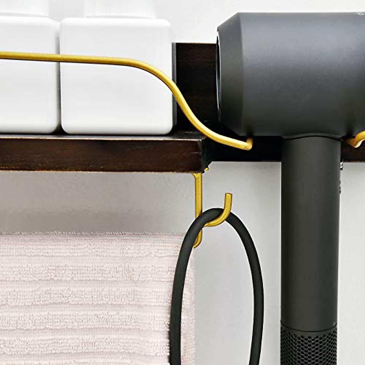 WELLAND Wooden Hair Dryer Shelf Hanging Rack Wall Mount Bathroom Organizer with Hair Dryer Holder Wall