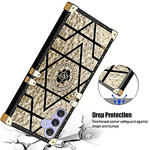 CCSmall Square Phone Case for Samsung Galaxy A34 5G with Ring Kickstand for Women Girly, Cute Elegant Metal Decoration Corner Soft TPU Case Cover for Samsung Galaxy A34 5G BF Plaid Gold
