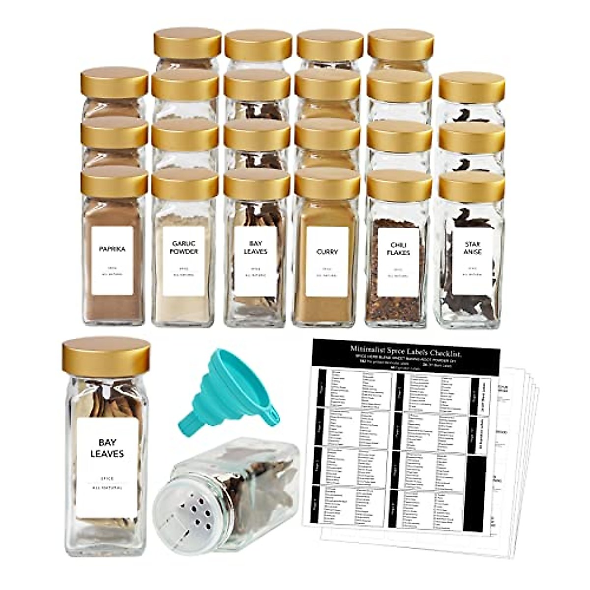 AYOUSIN 24 Spice Jars with Labels - 4oz Glass Spice Jars with Shaker Lids, 192 Spice Labels, 24 DIY Labels & 66 Expiration Labels - Spice Containers with Gold Lids - Seasoning Jars for Spice Rack