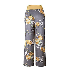 iChunhua Women's Comfy Stretch Floral Print Drawstring Palazzo Wide Leg Lounge Pants(S,Yellow)