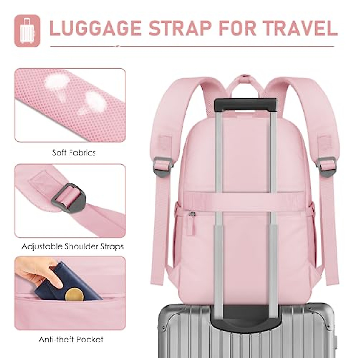 ZOMFELT Casual Laptop Backpack for Women, 15.6 inch Laptop Bag with USB Charging Port, Lightweight College Backpack for School, Daily Backpack Travel Work Backpack for Women, Men, Girls, Pink