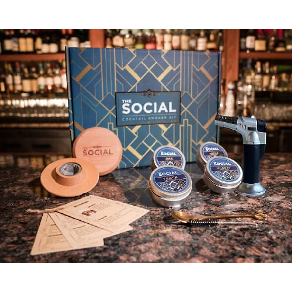 THE SOCIAL Cocktail Smoker Kit - with Torch and Wood Chips for Whiskey, Bourbon, Old Fashioned, Manhattan, infuse your favorite cocktails and wine. Perfect for entertaining and gifting!