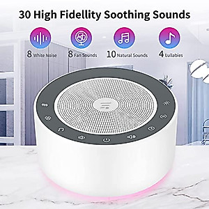 White Noise Machine with 30 High Fidelity Soundtracks, 7 Colors Night Lights, Full Touch Metal Grille and Buttons, Timer and Memory Features, Plug in, Sound Machine for Baby, Adults