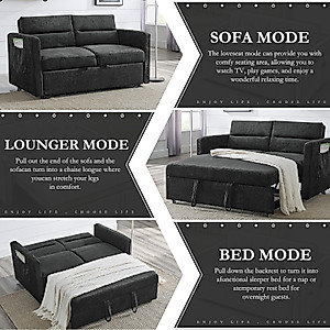 ROCKINGRUN 3 in 1 Sleeper Sofa Couch Bed, Chenille Tufted Pull Out Sofa Bed Convertible Loveseat Futon Sofa with Adjustable Backrest, Side Pocket and 2 Throw Pillows, for Living Room Bedroom (Black)