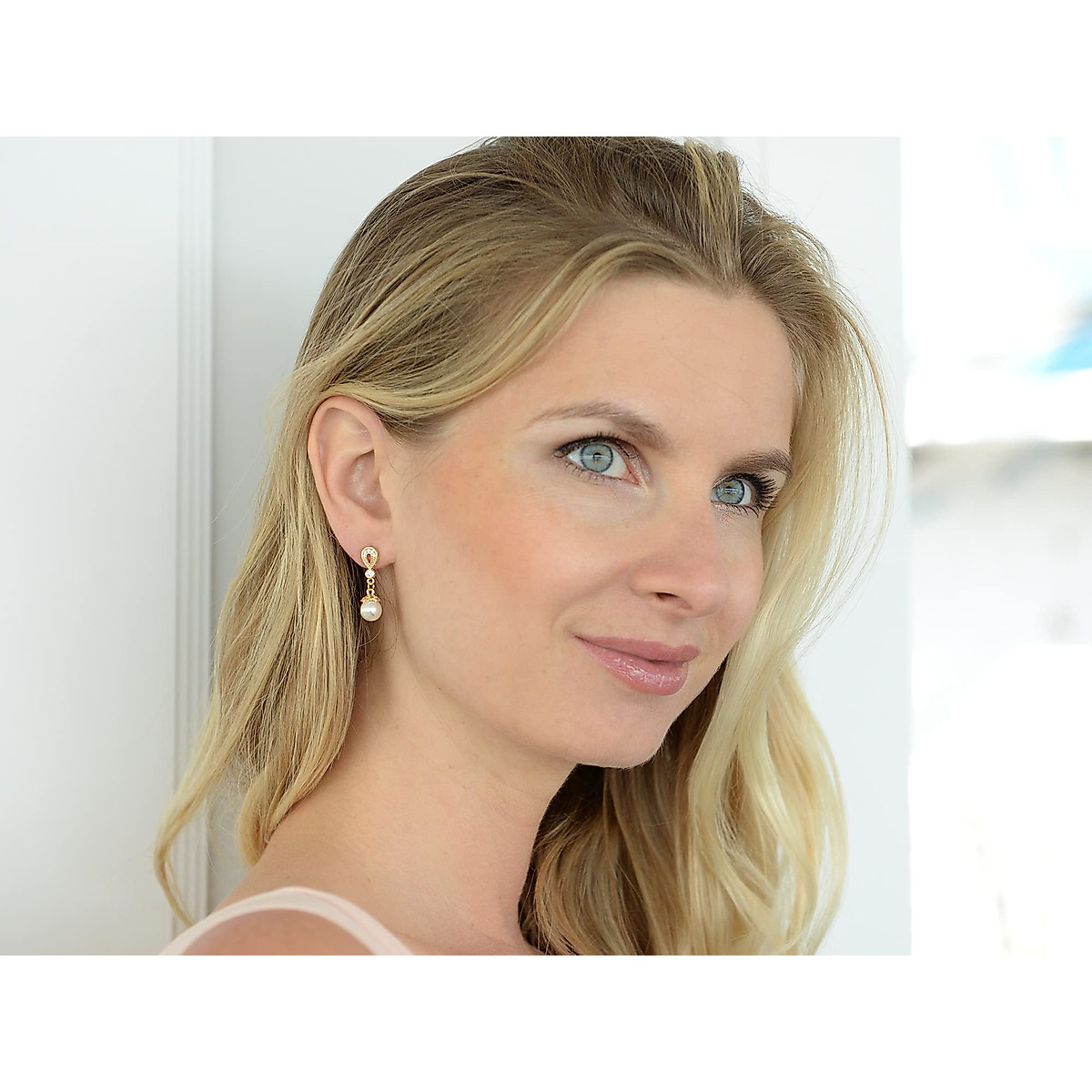 Mariell Clip On Gold Wedding Earrings for Brides, Round Pearl Drop Clip-On CZ Bridal Earring for Women