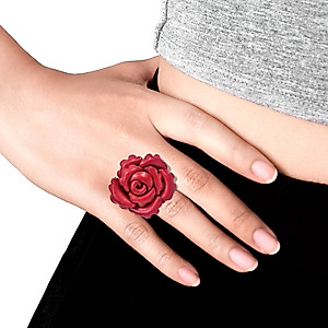 AeraVida Red Petals Genuine Leather Blooming Rose Free Size Ring | Floral Statement Adjustable Ring for Women | Statement Handmade Ring