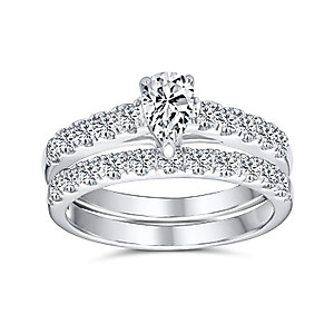 Personalize Traditional 1CT Pear Cubic Zirconia Teardrop or Round Solitaire Thin Pave Band AAA CZ Anniversary Engagement Wedding Ring Set For Women .925 Sterling Silver Custom Engraved