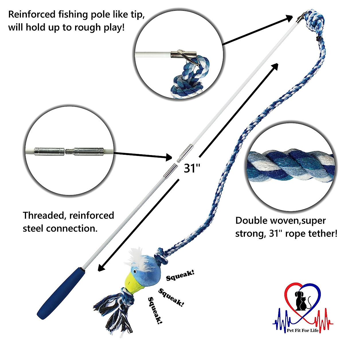 Pet Fit For Life Plush Tough and Durable Squeaky Dog/Puppy Wand Rope Toy - Duck on Rope Teaser Wand