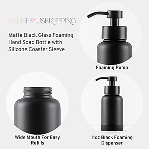 Black Glass Foaming Hand Soap Dispensing Bottle - Matte Black - 11 Ounce - Includes Hand Soap Labels & Silicone Coaster