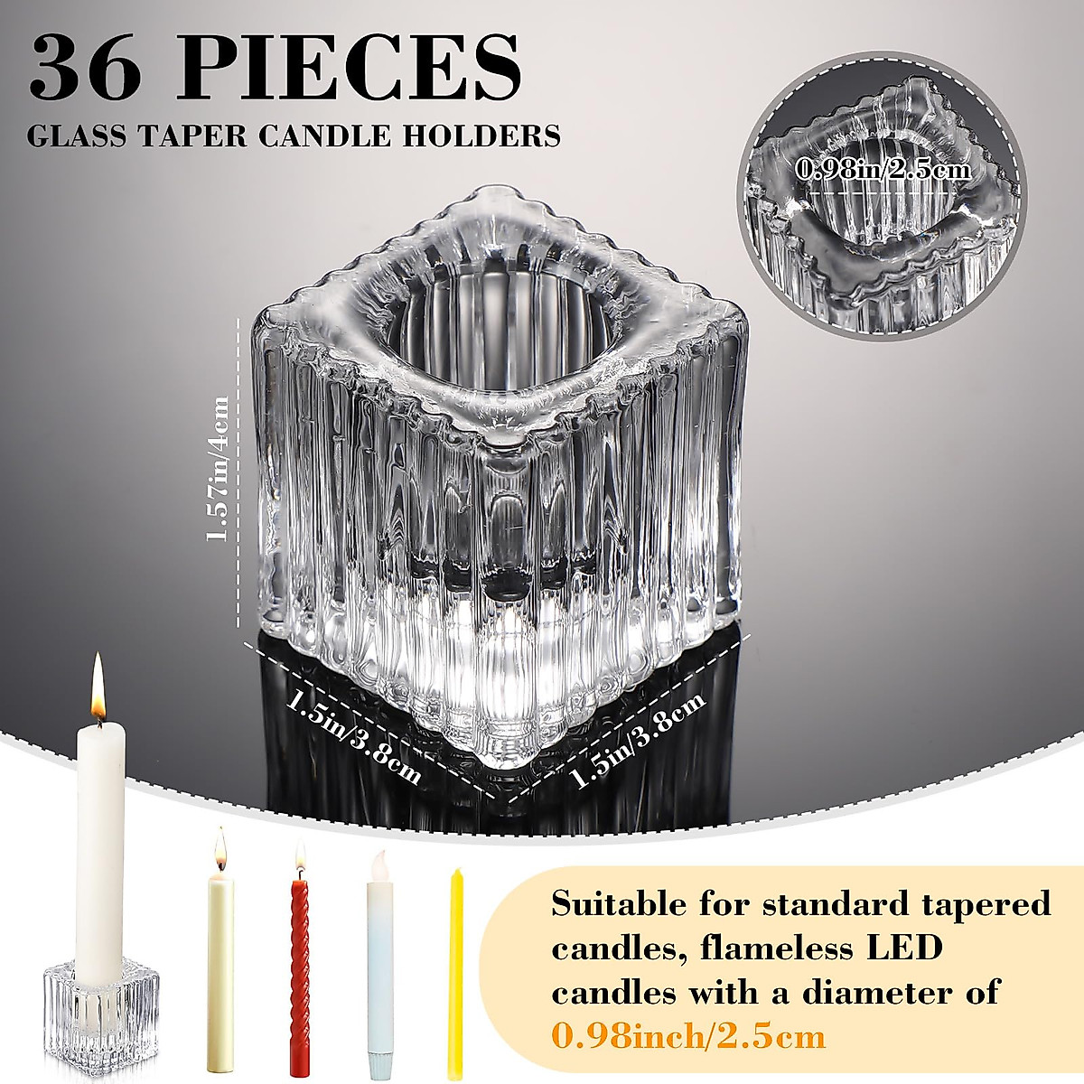 Hsei 36 Pcs Square Glass Taper Candle Holders Bulk 1.5 Inch Small Glass Candlestick Holders for 0.98 Inch Tapered Stick Candle for Wedding Halloween Thanksgiving Christmas Table Centerpiece(Clear)