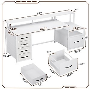 SEDETA White Computer Desk with 5 Drawer & Power Outlet, 66'' Home Office Desk with File Drawer, Storage Shelves, Printer Cabinet and Monitor Shelf, Gaming Desk with Led Lights