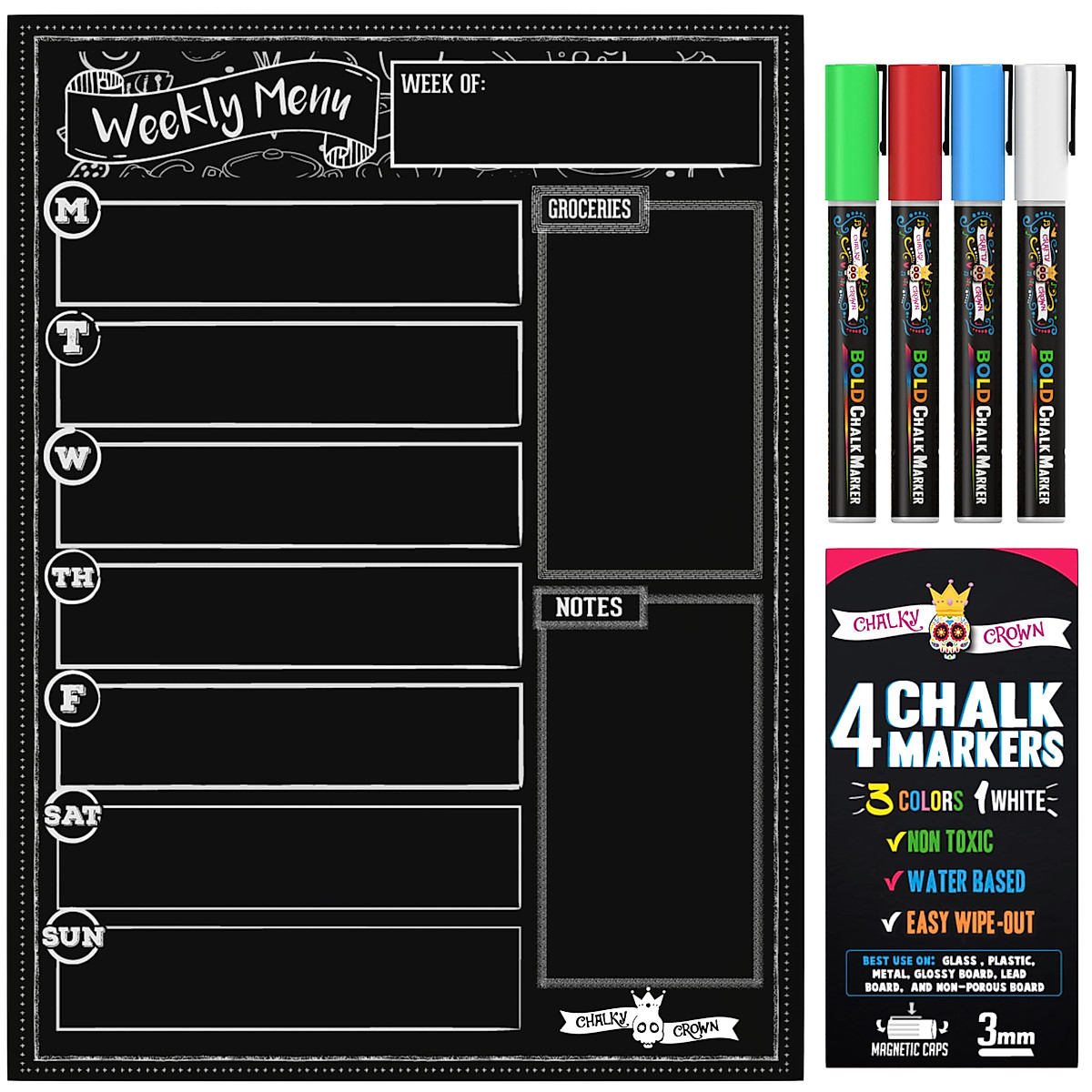 Magnetic Dry Erase Menu Board for Fridge Includes 4 Liquid Chalk Markers - Weekly Meal Planner Blackboard, Grocery List and Notepad for Kitchen Refrigerator - Chalkboard Magnet