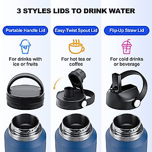 HYDROWION 32oz Stainless Steel Water Bottle(Cold for 48 Hrs, Hot for 24 Hrs),Double Wall Vacuum Insulated Water Bottle with Straw Lid, Spout Lid and Flex Cap, Fit in Any Car Cup Holder,Black