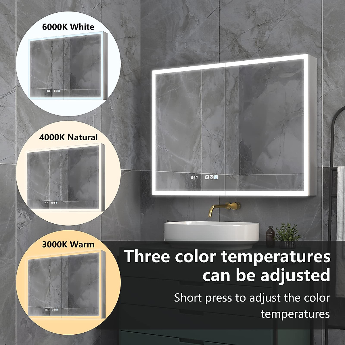ExBrite Lighted Medicine Cabinet 40x30 Inch,Recessed or Surface led Medicine Cabinet, Clock&Room Temp Display,Defog,Stepless Dimming,Medicine Cabinet with Lights 3-Color Temper Chang, Outlets & USBs