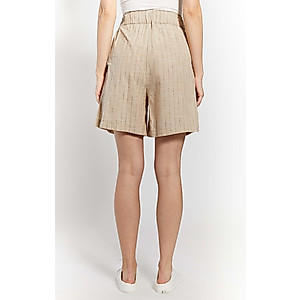 O A T NEW YORK Women's High Rise Pull On Bermuda Shorts with Elastic Waistband and Functional Pockets, Beige/Brown Stripe, Large