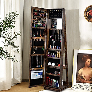 HOUAGI Mirror Jewelry Cabinet Standing,360°Rotating Jewelry Armoire Organizer with Full Length Mirror,Rear Storage Shelves,Built-in Small Mirror (Antique Gray)
