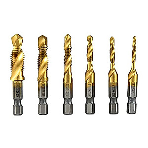 HUAZHICHUN Titanium Plating Combination Drill and Tap Bit Set,3-in-1 Screw Tapping Bit Tool,Hex Shank Drill Bits for Drilling, Tapping, with Quick-Change Adapter, 13 PCS SAE/Metric