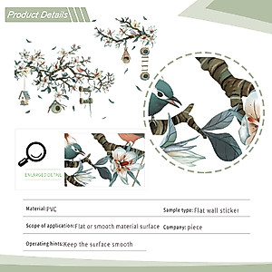 Birds on Magnolia Tree Branches Wall Stickers, ULENDIS DIY Removable White Blossom Flower Wall Decals, Birdcage Murals Wall Decor for Home Bedroom Living Room Corridor Stair