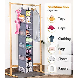 MISSLO 10-Shelf Hanging Shoe Organizer for Closet Organizers and Storage Shelves Hat Rack for Closet with 10 Side Mesh Pockets for Shoes, Caps, Scarves, Folded Clothes and Toys, Grey