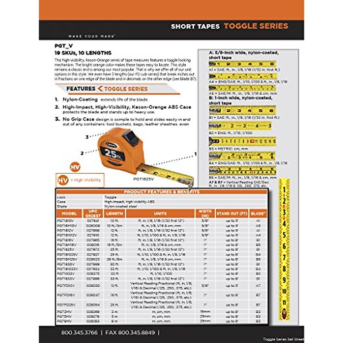 Keson Tape Measure, 5/8 In x 10 ft/3m, Orange (PGT18M10V)