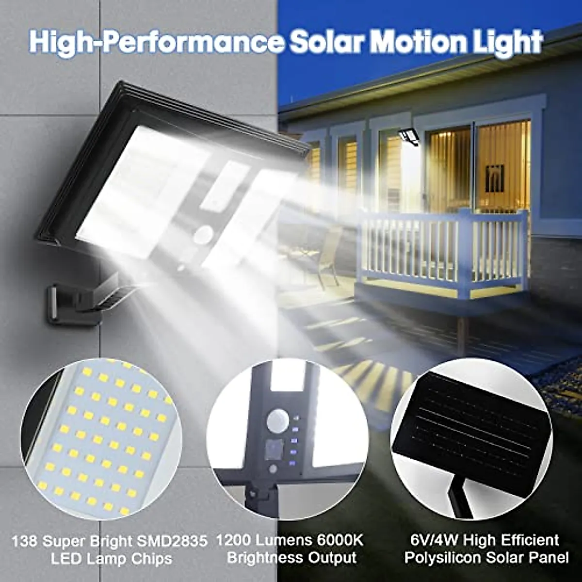 PEZOTA Solar Street Lights Outdoor, IP65 Waterproof Solar Powered Flood Lights with Motion Sensor & Remote Control for Patio Yard Garden Front Door, 138LEDs, Black (2 Pack)