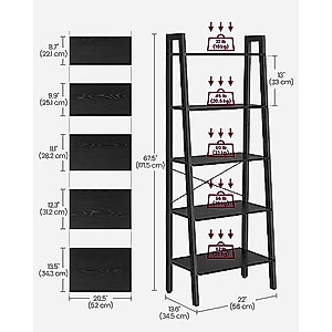 VASAGLE Ladder Shelf, 5-Tier Bookshelf, Storage Rack, Bookcase with Steel Frame, for Living Room Home Office, Kitchen, Bedroom, Industrial Style, Ebony Black + Black
