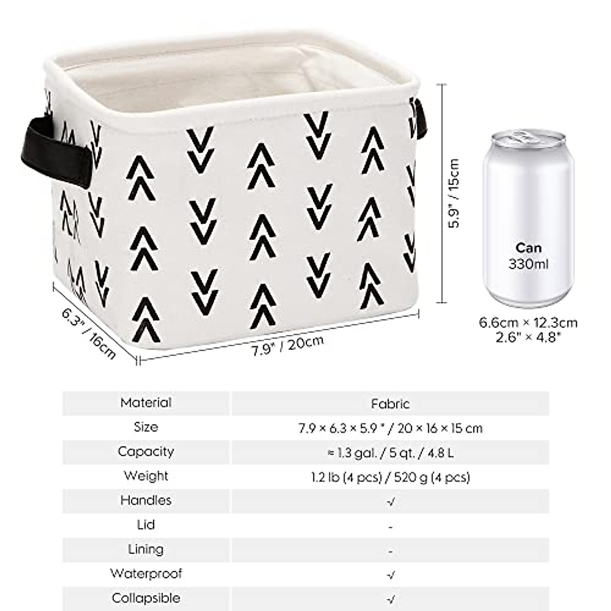Sea Team Foldable Mini Square New Black and White Theme Natural Linen & Cotton Fabric Storage Bins Simple Desk Shelf Baskets Organizers - Set of 4