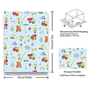 Road Under Construction Tractor Truck On Light Blue Wrapping paper for Kids Boys Men Birthday Party Baby Shower Holiday Christmas Gift Wrap - Folded Flat 30 x 20 Inch - 4 Sheets