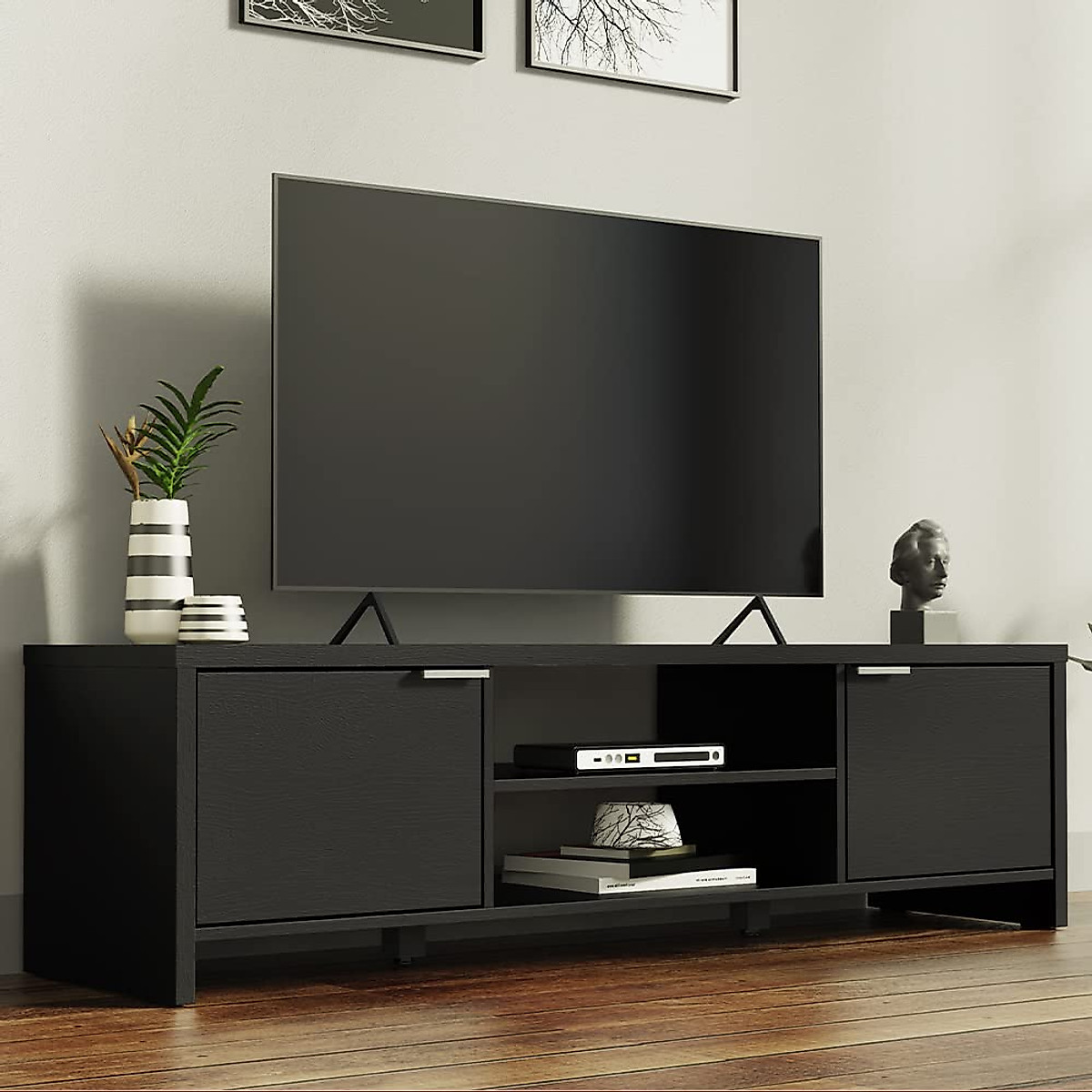 Madesa TV Stand with Cabinet Storage and Open Shelves for 55, 65 Inch Media Storage Gaming Media Console Living Room Entertainment Center Modern Wooden Television Cabinet - Black