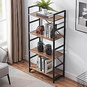 HASIODXE Industrial 4 Tier Bookshelf, Wood Etagere Bookshelves and Bookcase with Metal Frame, Rustic Standing Unit Shelf Display Rack for Living Room/Home Office, Vintage Brown
