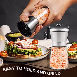 Stainless Steel Salt and Pepper Grinder Set of 2 - Pepper Mill & Salt Mill with Adjustable Coarseness - Glass Spice Shakers - Easy Clean Ceramic Grinders W/Funnel