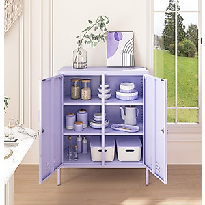 Aiasuit 2 Doors Lockable Metal Storage Cabinet 3 Tiers Shelf Multifunctional Storage Organizer Detachable Shelves Easy to Assemble Purple Size: 39.37”H x 31.5”W x 14.96”D