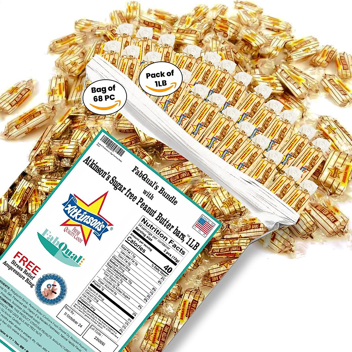 FabQual's Pack Of 1Lb Atkinsons Sugar Free Peanut Butter Bars Candy Sugar Free Candy Bars Bulk Sugar Free Hard Candy Bulk Old Fashioned Candy Bars Sugar Free Peanut Butter Candy Peanut Butter Logs