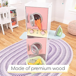 KidKraft Laundry Playset Children's Pretend Wooden Stacking Washer and Dryer Toy with Iron and Basket, Pastel, Gift for Ages 3+