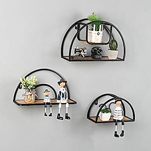 Cabilock Half Circle Floating Shelves Wall Mounted Iron Storage Rack Rustic Wood Wall Display Shelves for Bedroom Bathroom