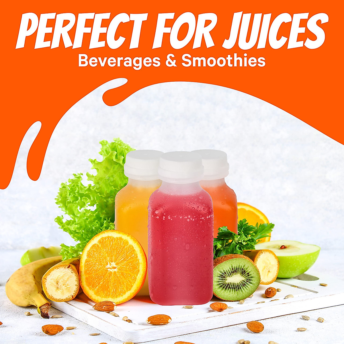 CUNTAIN juice bottles – Set of 6 HDPE Plastic Juice Bottles with Caps – 12 oz Empty Containers for Beverages, Water, Juice – Leakproof Plastic Containers with Lids, Bottles for Juice